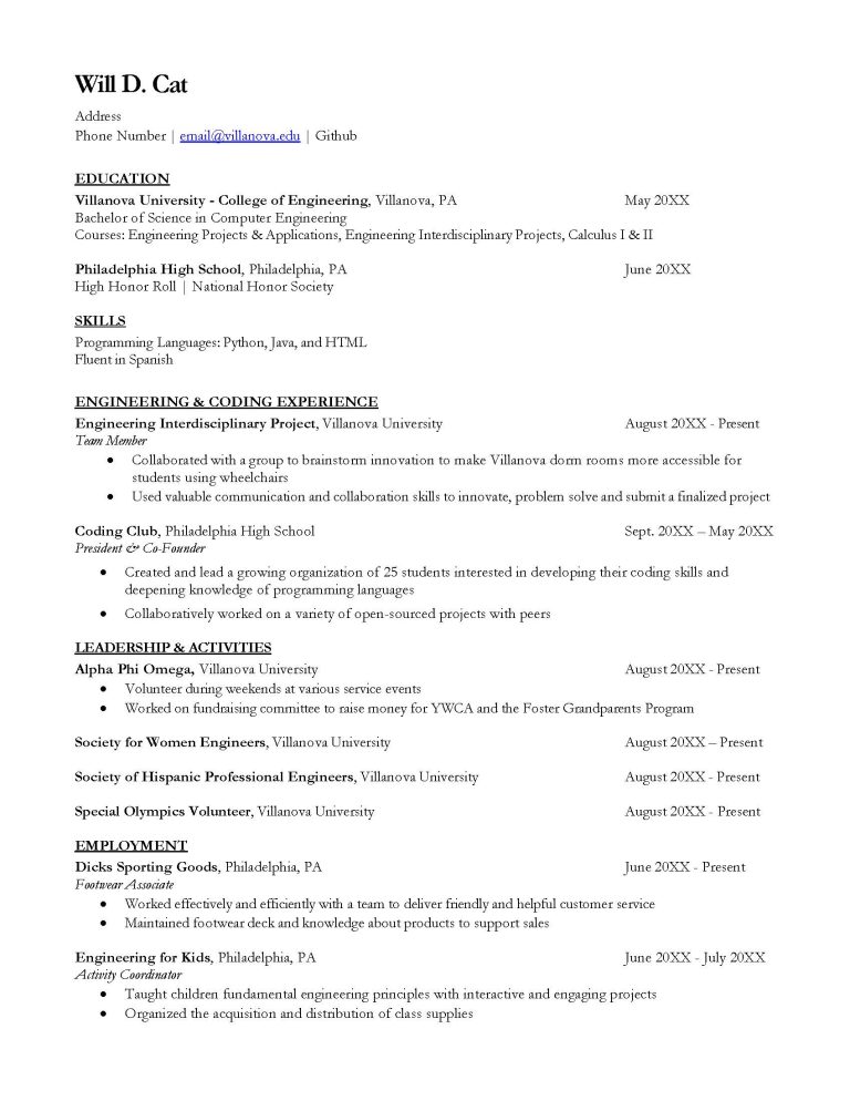 First Year Engineering Resume Sample (Computer) – Career Connections ...